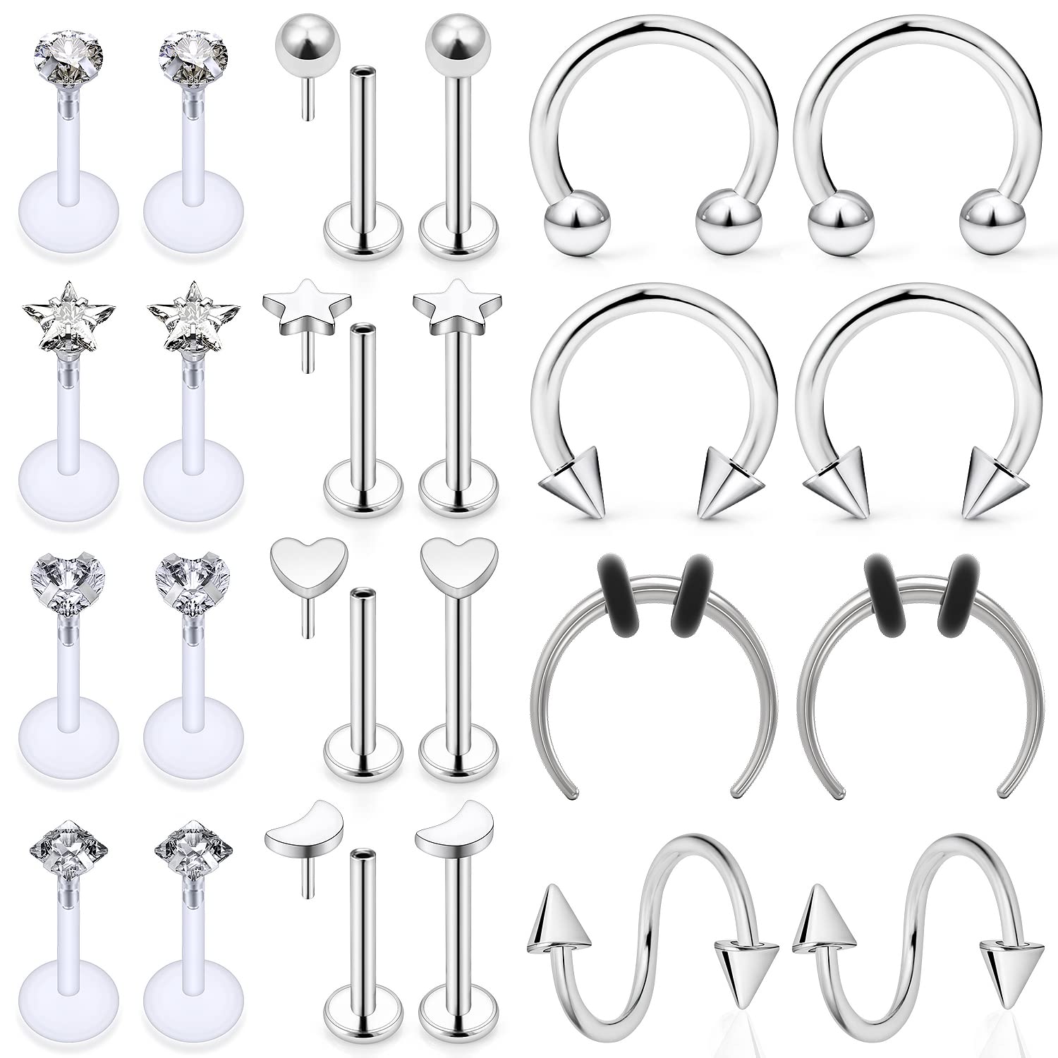 Ftovosyo Threadless Labret Studs 16g Lip Rings Stainless Steel Horseshoe Monroe Lip Rings Nail Tragus Helix Earrings Studs Ring Medusa Piercing Jewelry 8mm 24PCS