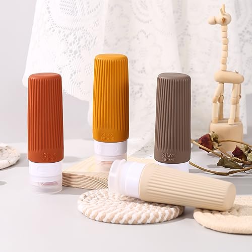 LIYUABU Silicone Travel Bottles for Toiletries,Tsa Approved 3oz Portable Refillable Travel Bottles,Leak Proof BPA Free Squeezable Travel Size Containers Accessories with Toiletry Bag(4Pack Brown)