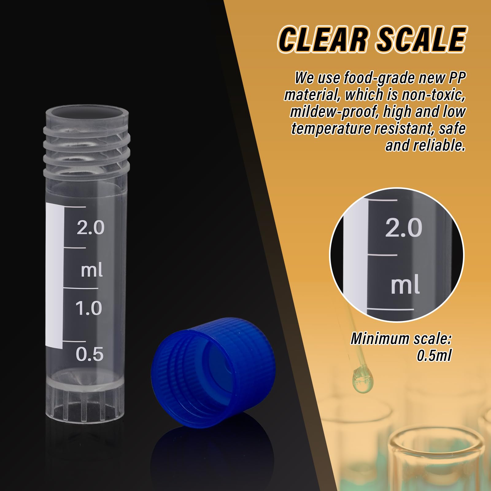 NAOEDEAH 100 Pcs 2ml Vials Centrifuge Tubes Plastic Sample Tubes Cryogenic Vials Small Vials with Screw Caps Graduated Bottles Test Tubes with Lids (Orange)