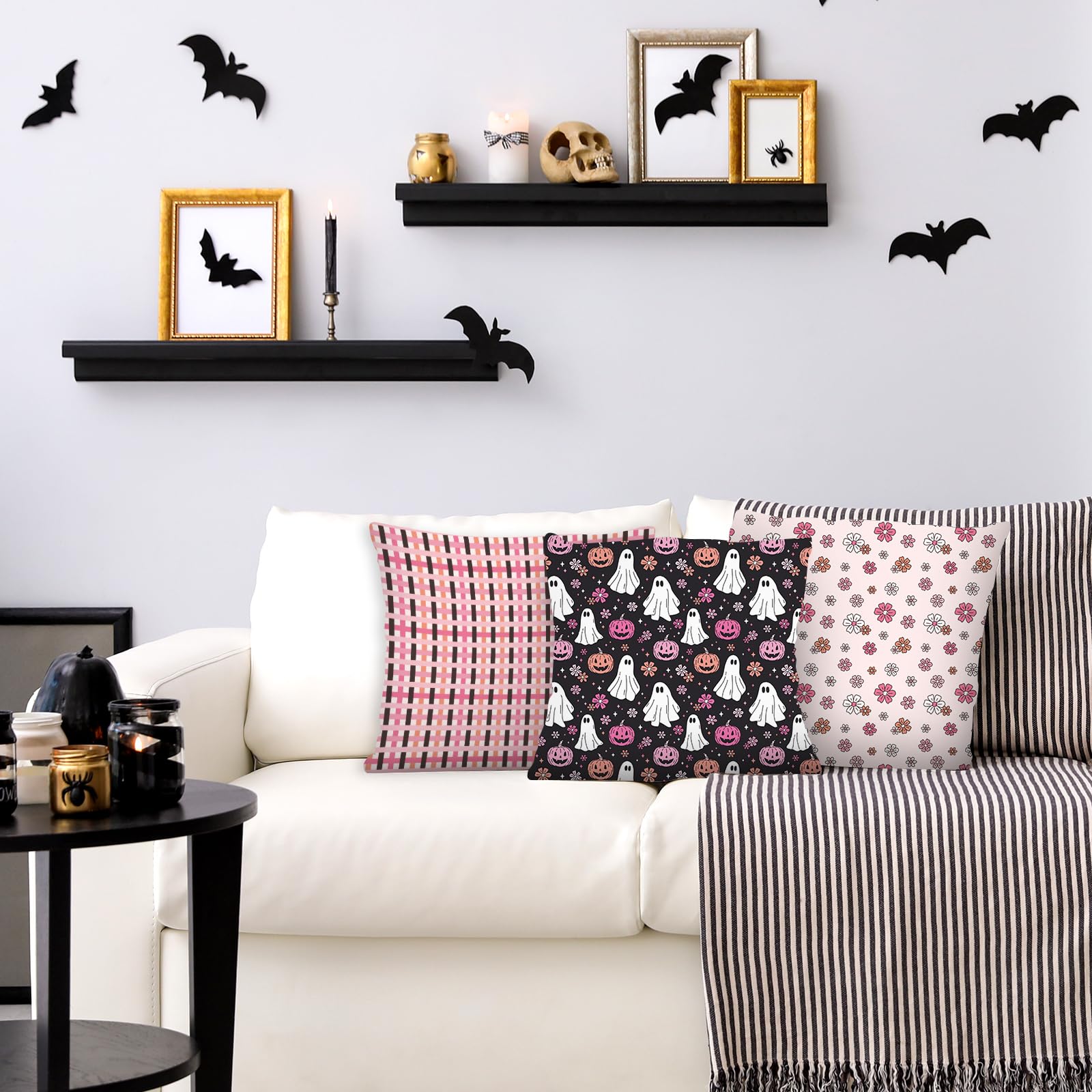 JarThenaAMCS 12Pcs Halloween Cotton Fabric Bundles 18 x 22 Inch Pumpkin Ghost Flower Fat Quarters Pink Black Holiday Sewing Fabrics for DIY Craft Party Decor