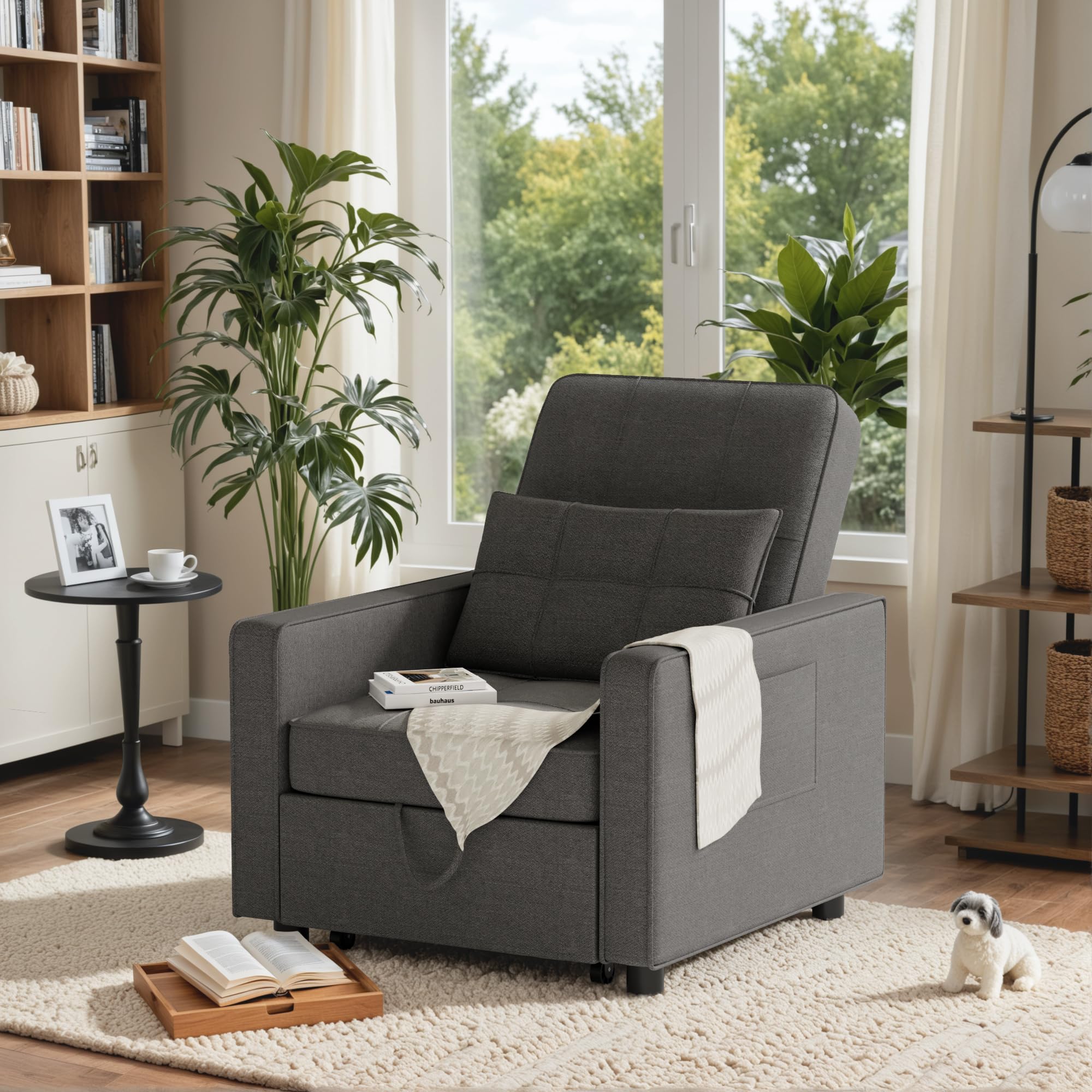 JUMMICO Sleeper Chair, 3-in-1 Convertible Sleeper Sofa Bed for Adults, Linen Fabric Pull Out Chair Bed with Adjustable Backrest, for Living Room, Apartment, Office, Small Space (Dark Gray)