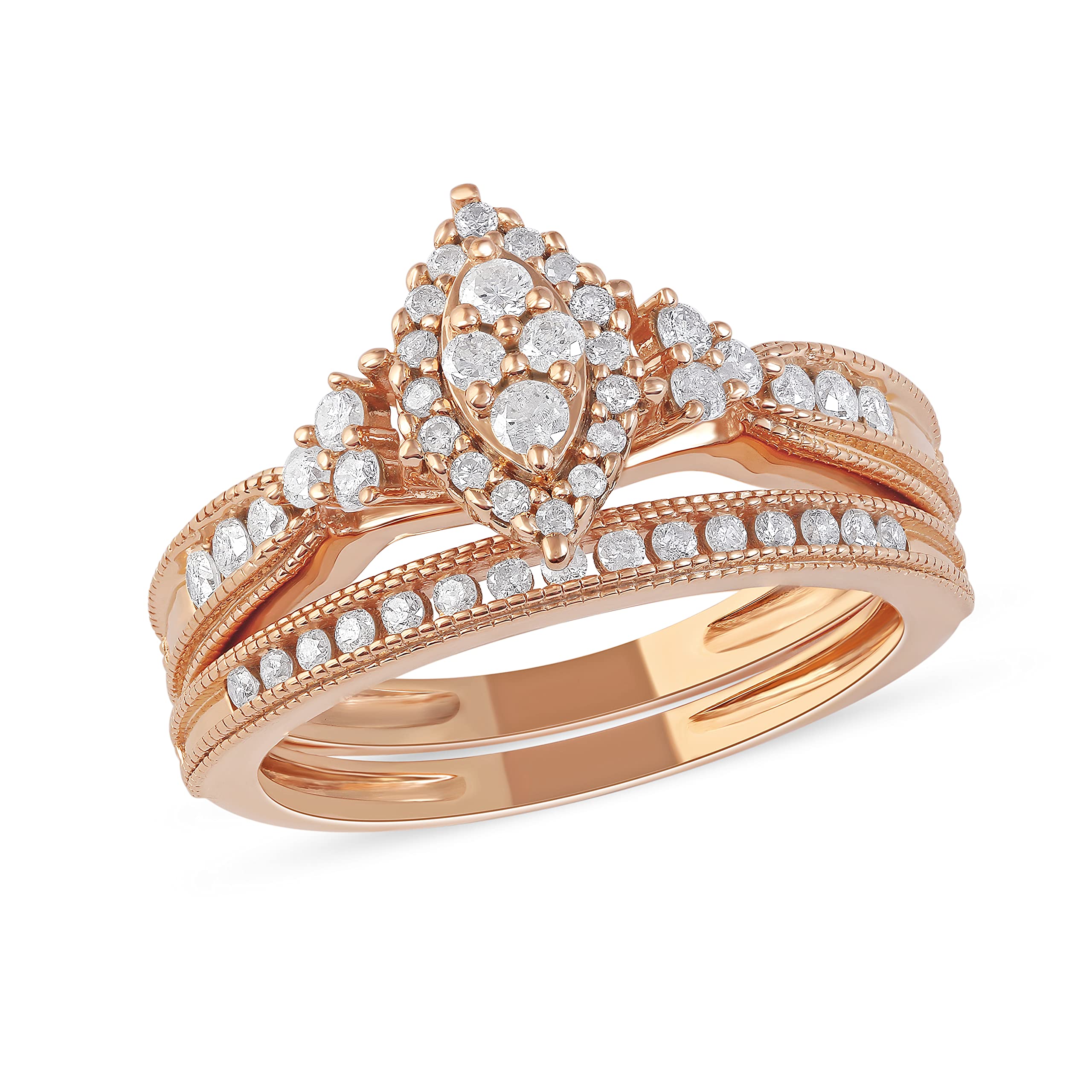 DZON Sterling Silver with Roe Gold Plating 1/2CT TDW Round Diamond Marquise-framed Halo Wedding Engagement Ring Set for Women(I-J,I2)