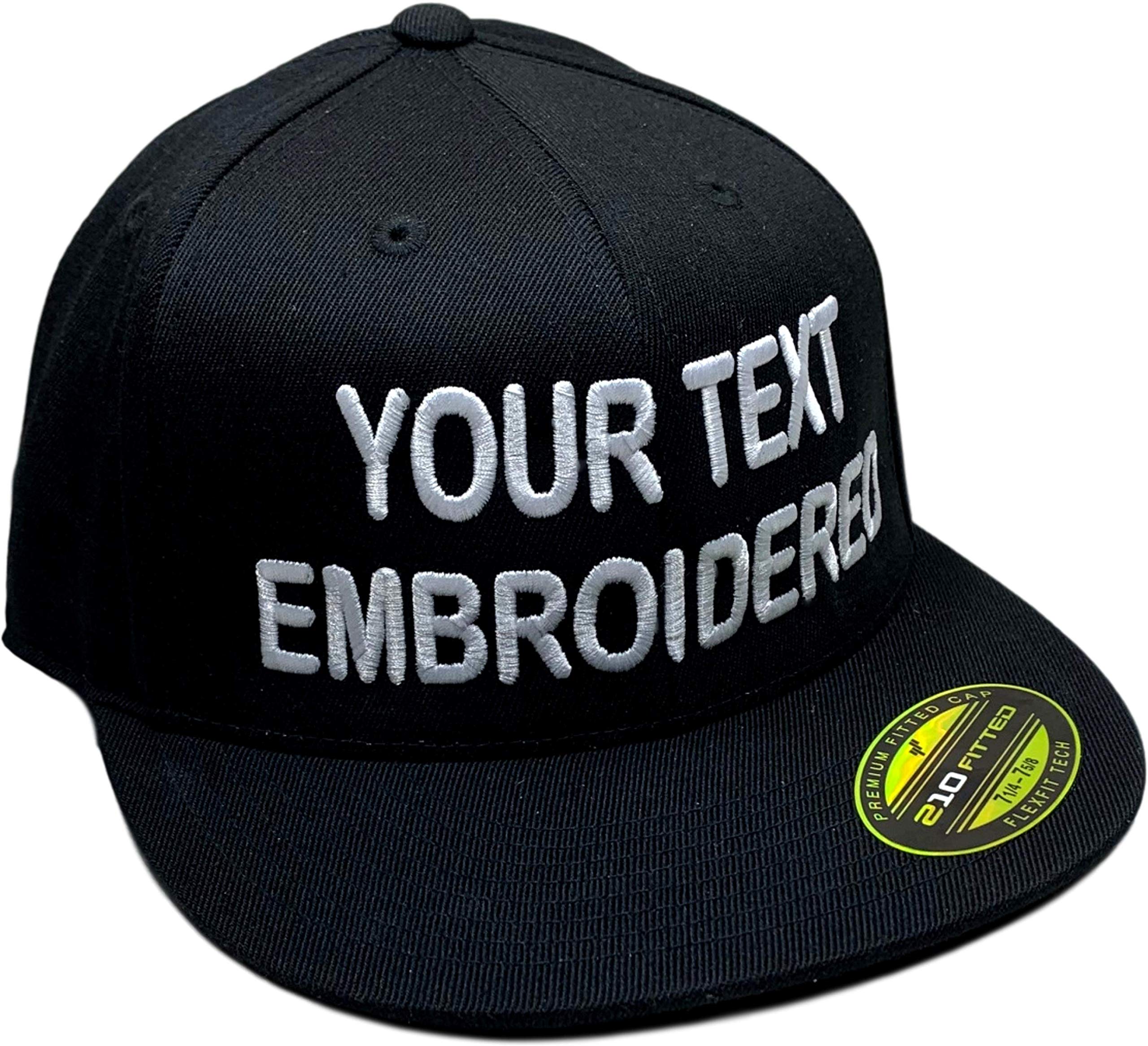 Custom Flexfit 210 Personalize Hat Add Your Own Text Embroidered Fitted Flatbill (Black, XXL (7 5/8” - 8"))