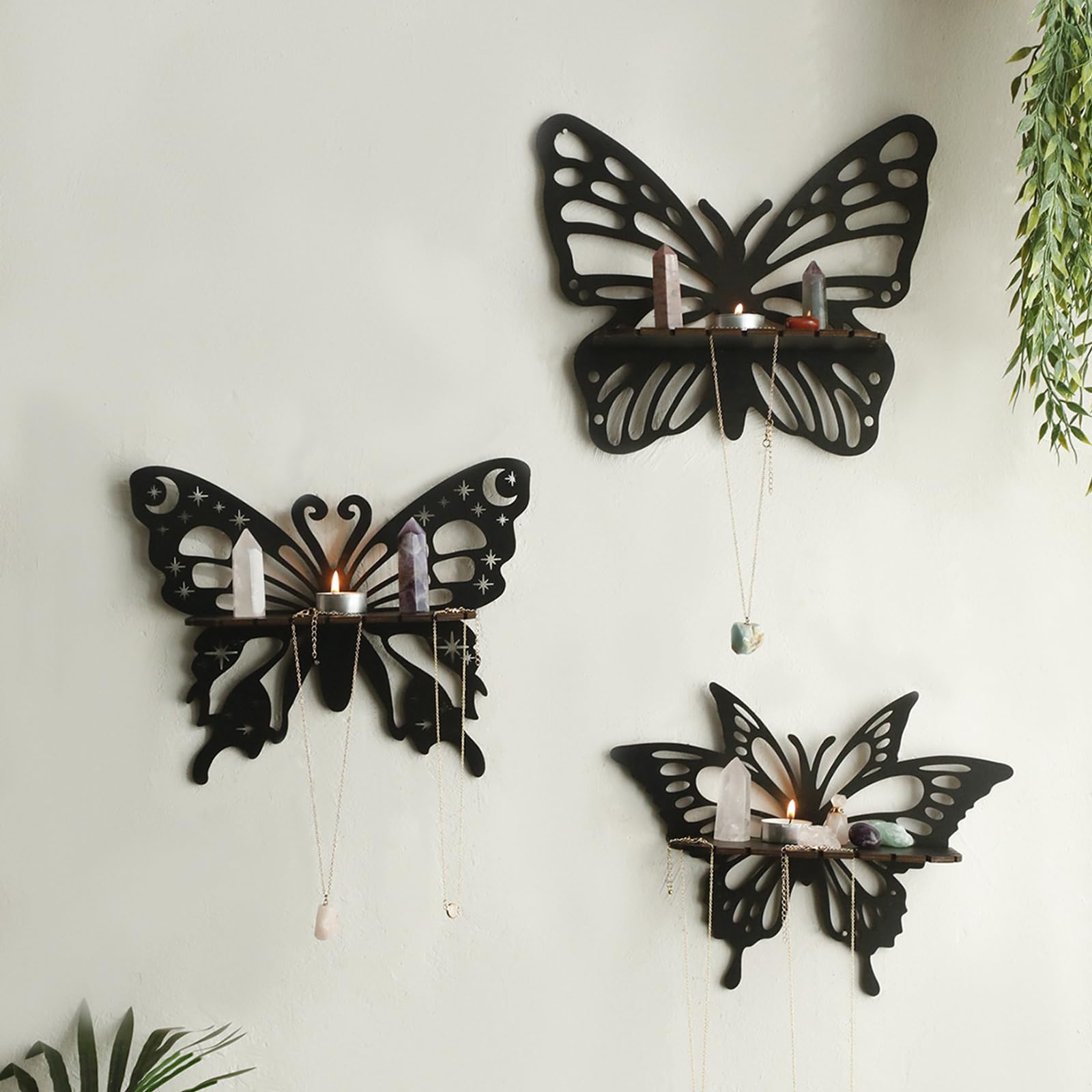 HWOLPEMS Crystal Shelf Display, Wooden Butterfly Crystal Holder Shelve, Boho Wall Display Shelf, Stones, Candle, Necklace Hanging Holder, Interior Wall Decor Shelf
