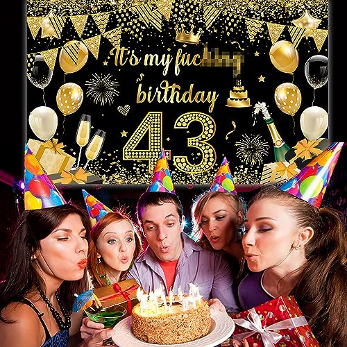 It's My Birthday banner Backdrop,Large Happy Birthday party decorations Backdrop ,Fun Black Gold Banner Birthday Decoration Supplies(Black gold 43)