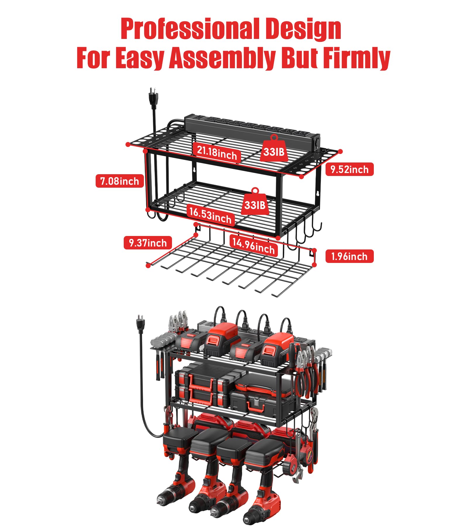 JUNNUJ Tool Organizer with Charging Station, 3 Layers Wall Mount Garage Tools Storage with 8 Outlets Power Strip, 4 Drills Holder Battery Heavy Duty Metal Shelf, Utility Rack with Hooks, Black