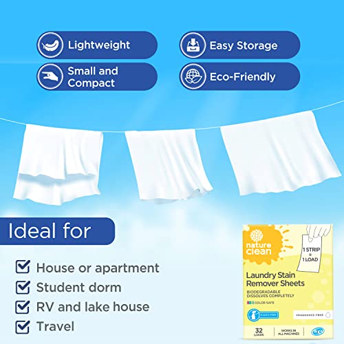 Nature Clean Natural Laundry Stain Remover Strips For Clothes 36 count, Non-Toxic Plastic-Free Packaging Unscented Eco-Friendly Biodegradable Septic Safe. Laundry Detergent Sheets Stain Remover for Fabric & Travel.