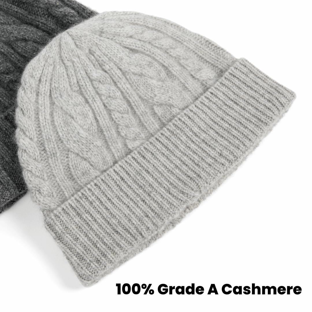 Fair Goods 100% Cashmere Beanie for Men | Cable Knit Winter Hat | Rugged, Classic, Fisherman Cap, Light Grey