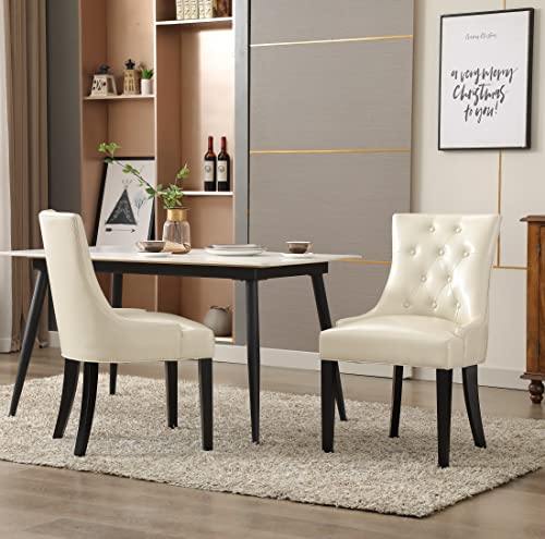 Merax Dining Chair Set of2, Bounded Leather Dinng Chair, Living Room Chairs Set, Kitchen Chair with Wood Legs, Cream