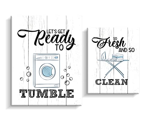 Kas Home 2 Panels Laundry Room Decor Laundry Room Wall Sign Tumble Fresh Clean Canvas Laundry Wall Art Plaque Farmhouse Laundry Rules Wall Decor (White - laundry, 12 x 15 inch + 8.6 x 11 inch)
