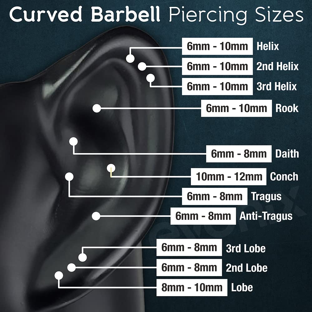 Evonix 4pc 16g Barbell Curved Gold Surgical Steel Helix Daith Bridge Stud Rook Lip Ring Tragus Cartilage Eyebrow 8mm 16 Guage 3mm Spike