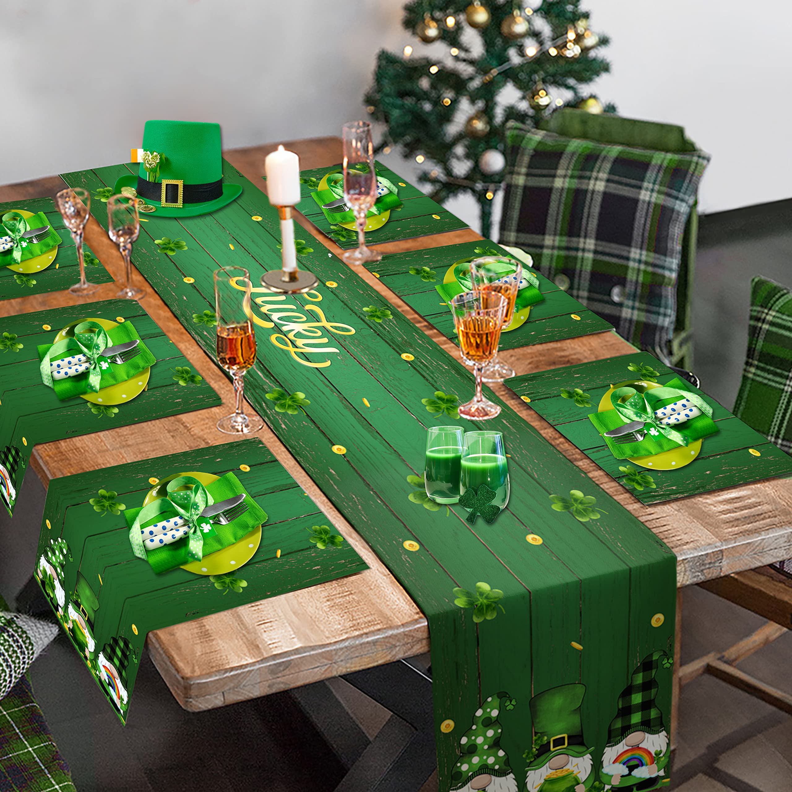 Flyart St Patricks Day Table Runner, Spring Green Gnome Shamrock Decor Table Runners for Kitchen Dining Coffee Home Wedding Parties, Holiday Burlap Table Runners for St Patrick Decor (13x36 inch)