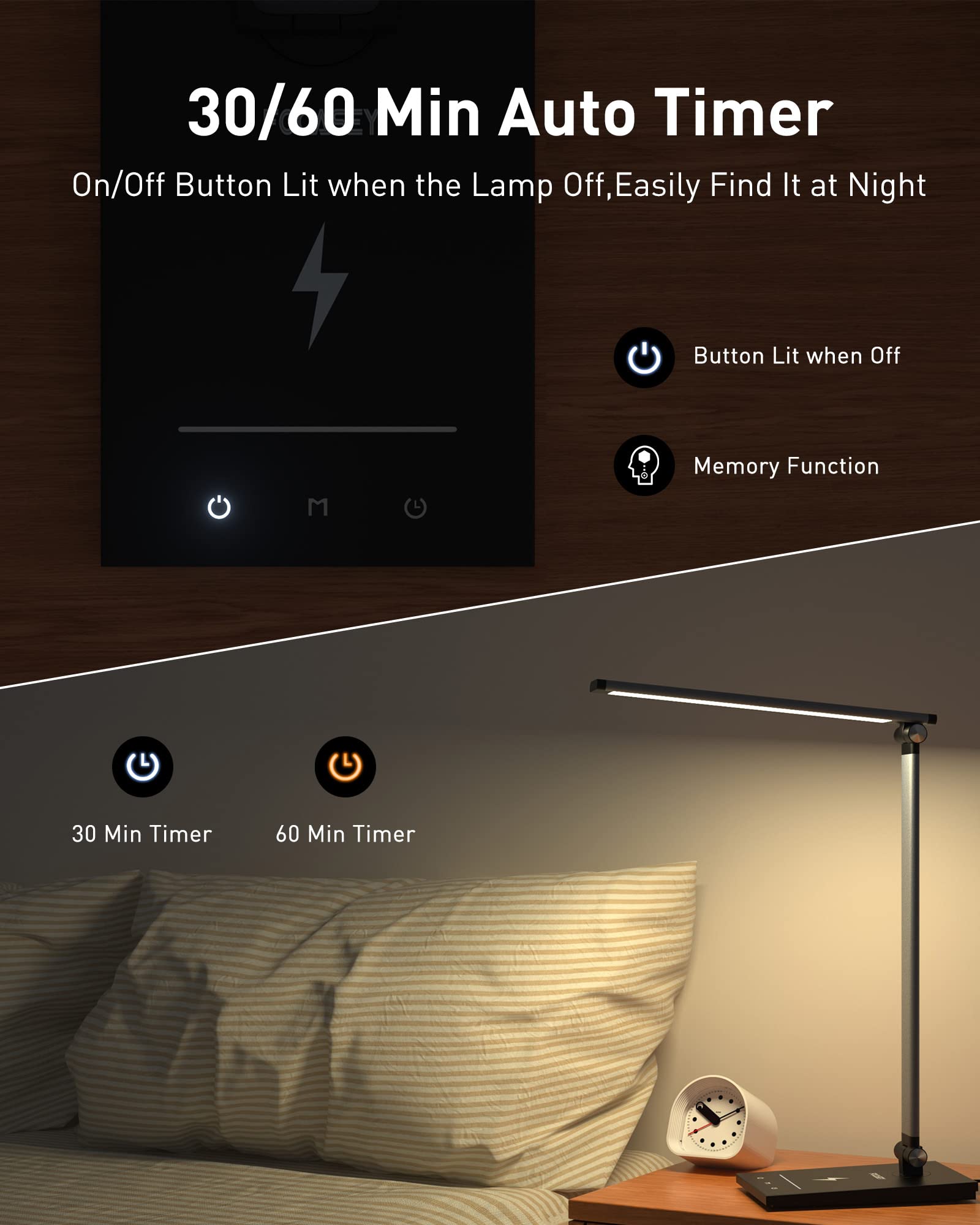 FOCASEY LED Desk Lamp with Wireless Charger,USB Charging Port,Eye-Caring Desk Lamps for Home Office,Touch Control Table Lamp with 25 Lighting Modes,Desk Light for Study,Reading,Office,Black