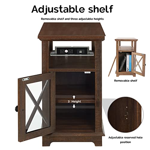 NBBOTBOT End Table with Charging Station, Side Table with USB Ports and Outlets, Nightstand with Adjustable Shelves, Narrow Side Table with Storage Cabinet for Living Room, Dark Brown