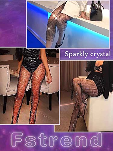 Fstrend Sparkly Crystal Mesh Fishnet Pants Black Rhinestone See Through Bottoms
