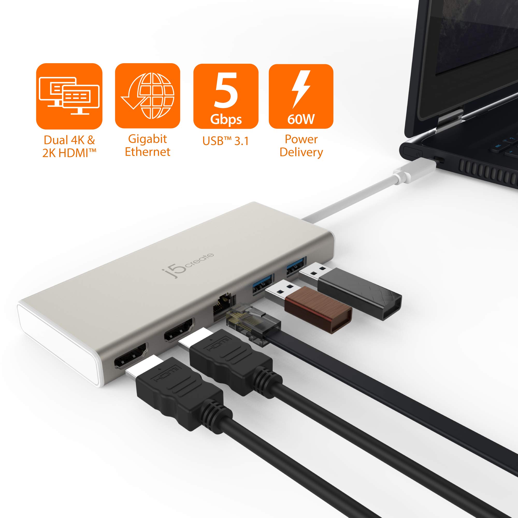j5create USB-C Mini Dock - Type C Hub with 2X 4K HDMI, 2X USB 3.0, Ethernet, Power Delivery 2.0, JCD381-R (Renewed)