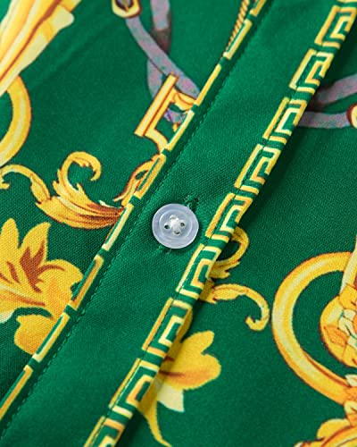 fohemr Mens Gold Chain Dress Shirts Luxury Short Sleeve Baroque Print Casual Button Down Design Buchona Shirts Green XX-Large