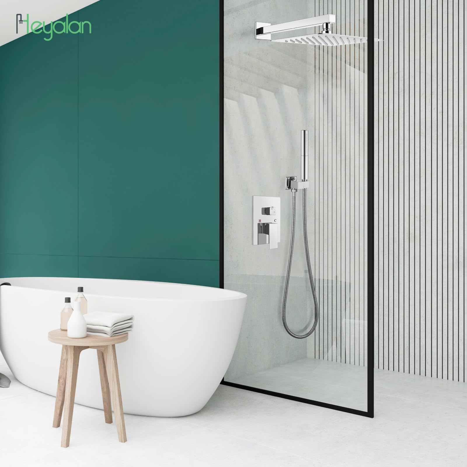 Heyalan Shower System Square Rain Shower System Head Shower Faucet Fixture 2 in 1 Handheld Shower Sprayer Rough in Valve Wall Mount Bathroom Rainfall Combo Set High Pressure,10 Inch,Polished Chrome