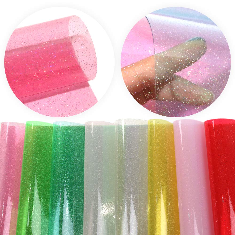 David accessories Glitter Transparent Jelly Faux Leather Fabric Sheet Solid Color 8 Pcs 8 x 13"(20 x 34cm) for DIY Earrings Hair Bows Bags Wallets Making (Glitter Transparent)