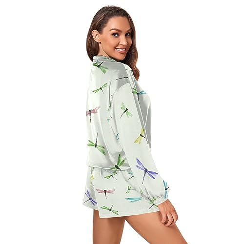 Kigai Colorful Dragonfly Jogging Suits for Women Lounge Cozy Long Sleeve Half Zip Lapel Collar Sweatsuit Set,M