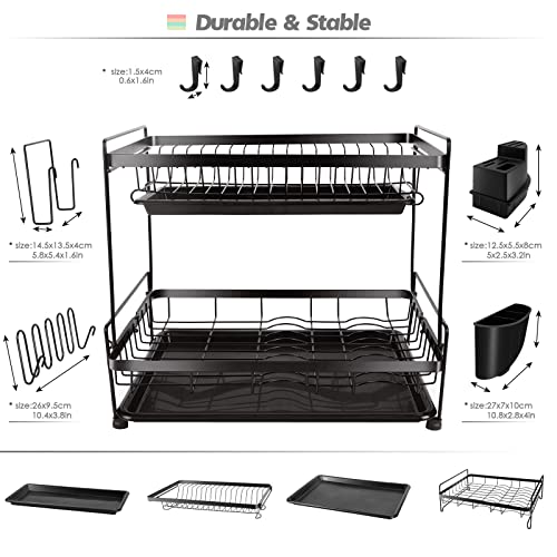 Zvonema Large Dish Drying Rack, 2-Tier Dish Racks for Kitchen Counter, Stainless Steel Dish Drainers with Drainboard & Removable Utensil Holder Cup Holder, Space Saving Dish Rack, Black