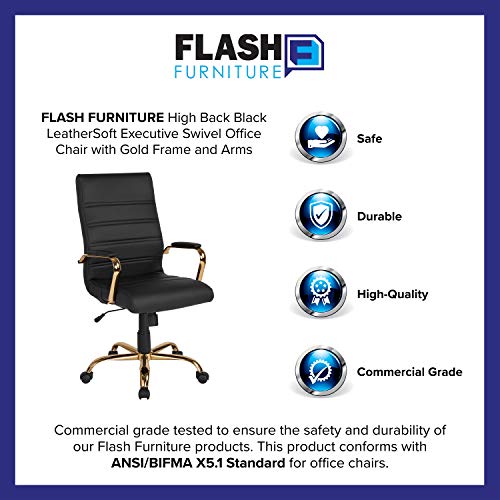 Flash Furniture Whitney High Back Desk Chair - Black LeatherSoft Executive Swivel Office Chair with Gold Frame - Swivel Arm Chair