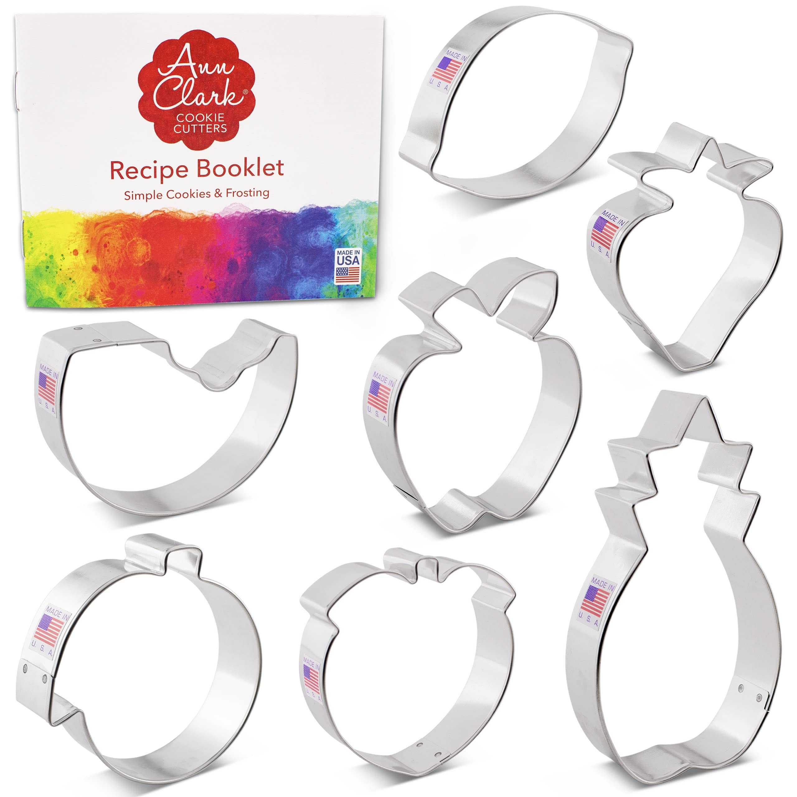 Fruit Basket Cookie Cutters 7-Pc. Set Made in the USA by Ann Clark, Lemon, Peach, Pineapple, Watermelon, Orange, Strawberry, Apple