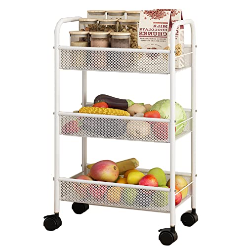 Simple Trending 3 Tier Metal Rolling Storage Cart, Utility Organizer Cart Storage Shelves with 4 Wheels for Kitchen Bathroom, White
