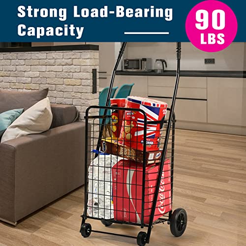 Folding Shopping Cart,Grocery Utility Shopping Cart with Four Wheels,Compact Folding Portable Cart Saves Space for Convenient Storage,Lightweight Easy to Move Holds up to Max 90Ibs,Black