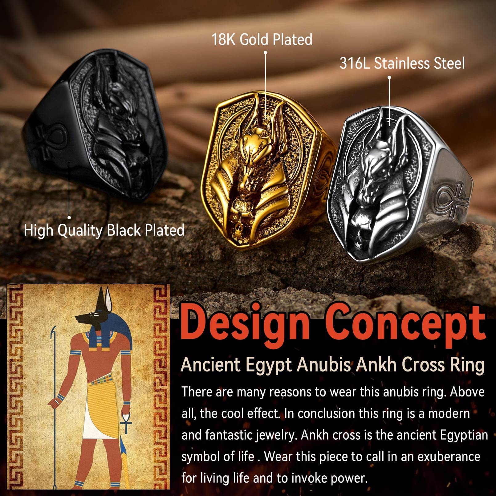 FaithHeart Old-school Women Anubis Band Ring Stainless Steel Shield Shape Ankh Protection Jewelry