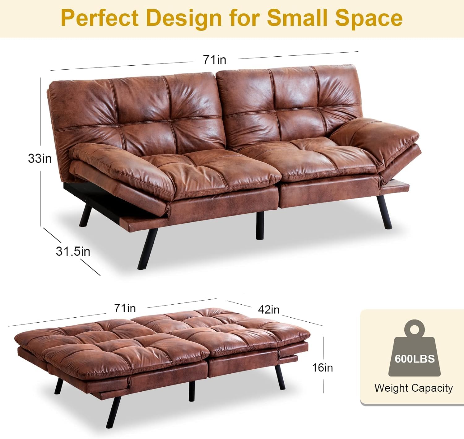 MUUEGM Convertible Memory Foam Futon Bed Modern Love Seat Sofa Sleeper Couch for Living Room,Office,Small Space Sofabed, Brown