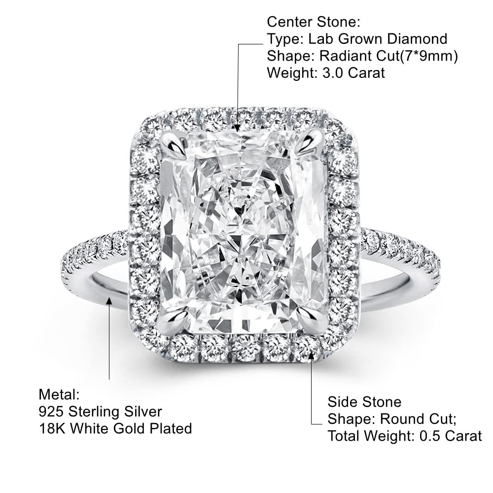 Effinny 3.0 Carat Radiant Cut Engagement Ring Simulated Diamond Ring 925 Sterling Silver 18K White Gold Plated Promise Ring Gift for Wedding Anniversary