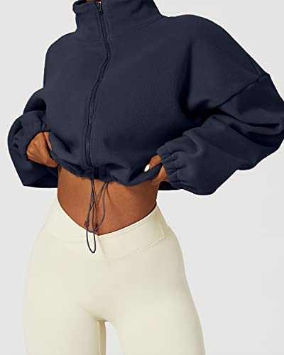 QINSEN Women's Full Zip Fleece Jacket Stand Collar Winter Warm Cropped Outwear Baggy Sherpa Short Coat Navy L