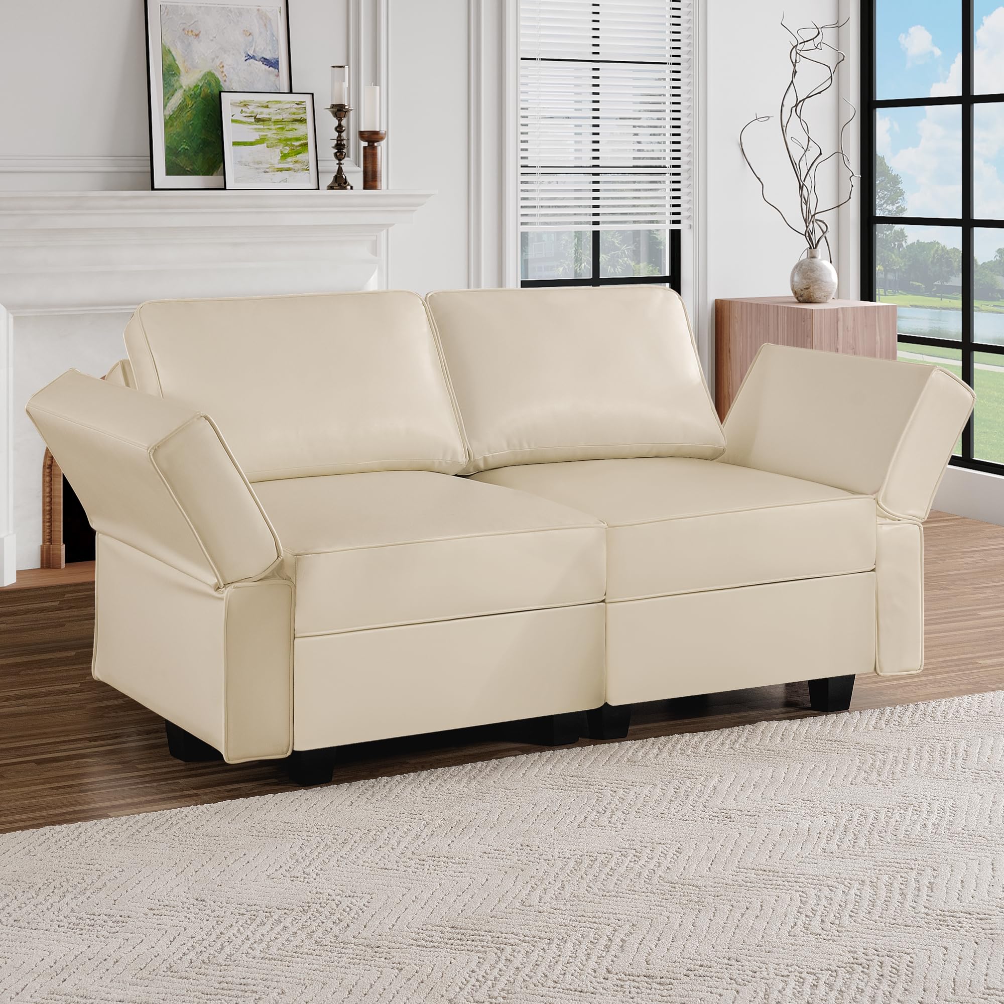 Naomi Home Sarah Modular Loveseat Sofa Couch with Storage Seats Air Leather 2 Seater Love Seats for Small Spaces, White