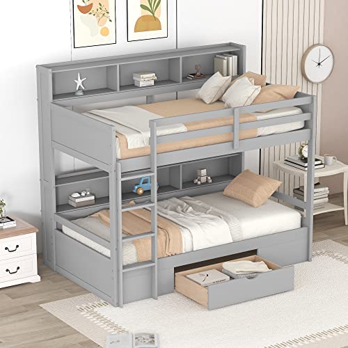 Merax Twin Size Bunk Bed with Built-in Shelves Beside Both Upper and Down Bed and Storage Drawer, Twin Over Twin Solid Wood Bed Frame for Teens, Grey
