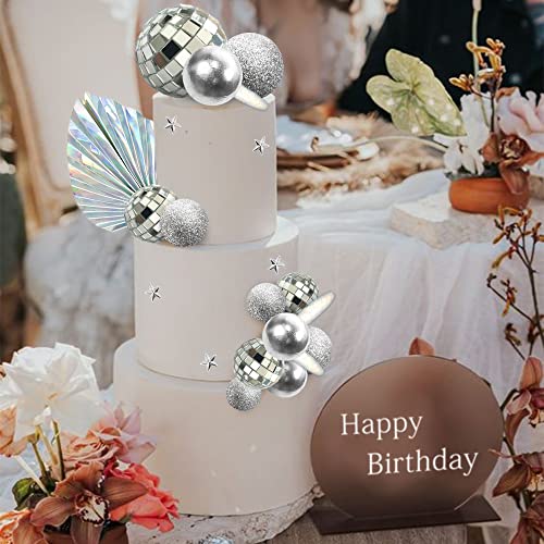 Disco Balls Cake Toppers Mirror Balls with Boho Stars Cake Decorations for 70s 80s Disco Dance Party Saturday Night Fever Supplies (Silver)