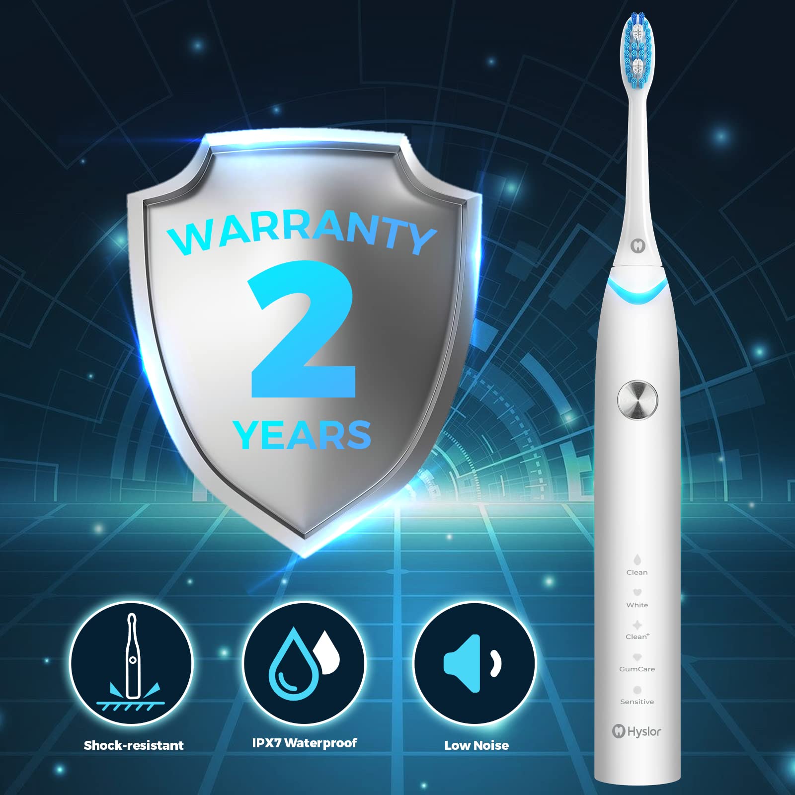 Hyslor Electric Toothbrush 2 Pack Set for Adults with Pressure Sensor, Rechargeable Sonic Toothbrushes 3 Hours Fast Charging for 80 Days Using, Power Electronic Tooth Brush 5 Modes Black and White