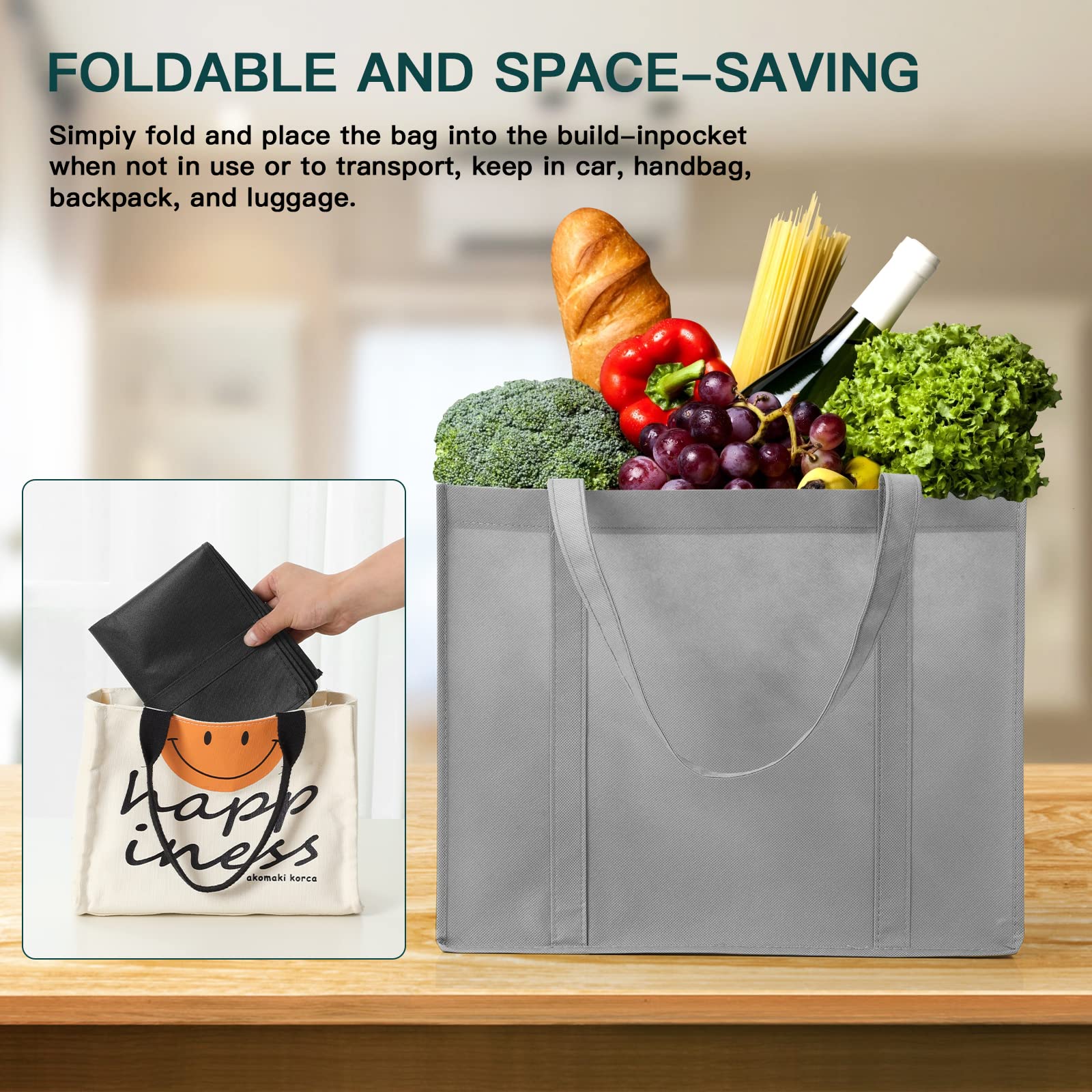 HECTOLIFE 20-Pack Reusable Grocery Bags,Large Washable Foldable Shopping Bags,Heavy Duty Tote Bags with Reinforced Handles(Black and Grey)