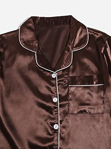 SOLY HUX Women's 3 Set Satin Pajama Set Short Sleeve V Neck Collar Button Down Shirt Top with Shorts Sleepwear Brown Yellow Multi S