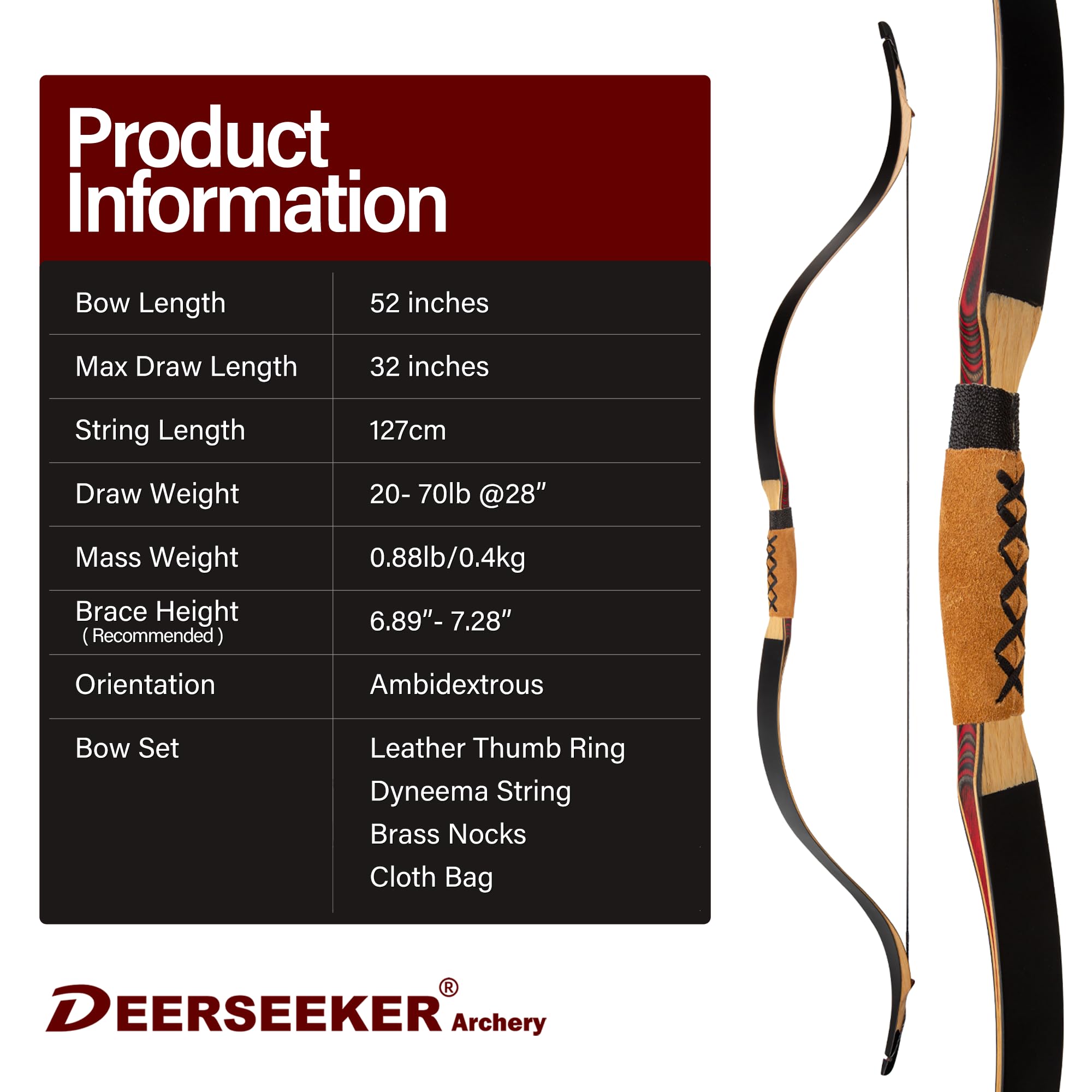 Deerseeker Archery 52" Longbow Traditional Handmade Recurve Bows Ambidextrous Horsebows for Adults & Youth Hunting Target Shooting 20lb-70lb (65lbs)