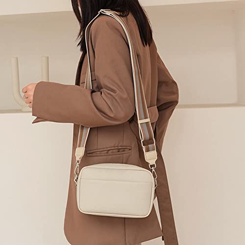 Efilra Crossbody Bag for Women, Small Leather Camera Purse Thick Strap Cross-body Bags, Triple Zip Shoulder Handbag with Guitar Strap, Beige
