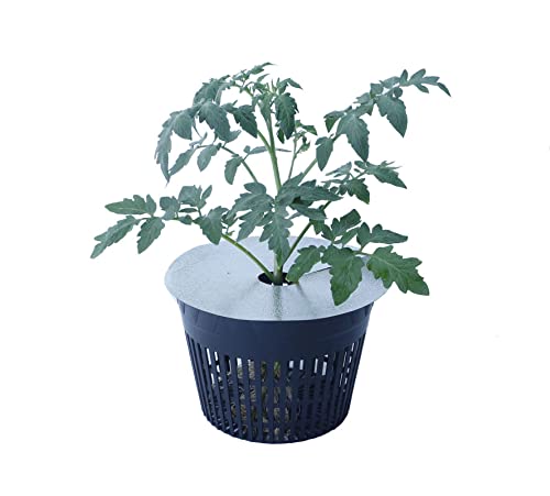 HORTIPOTS 5 Inch Net Pots Raised Center Bottom Mesh Side Wide Rim Round Cup with Free Reflective Top Lids for Hydroponics Systems (Pack of 10, Black)