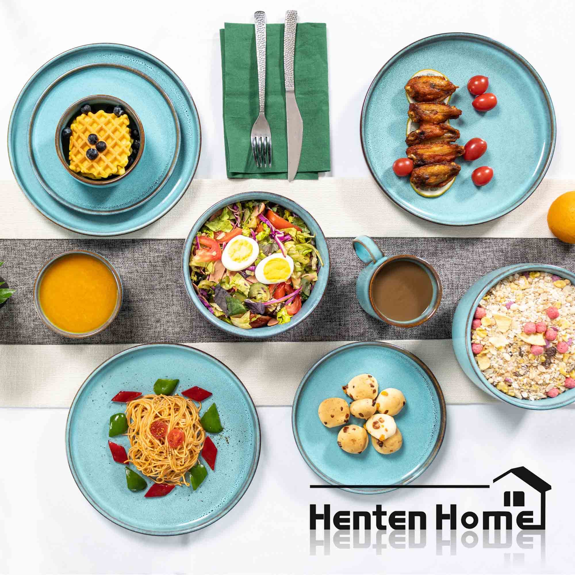 Henten Home Ceramic 10 inch Dinner Plates Set of 4 & 15 OZ Small Bowls Sets of 4 Oven, Microwave Dishwasher Safe