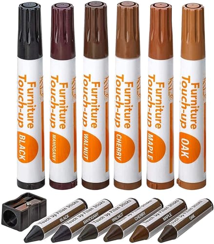 Katzco Furniture Repair Kit Wood Markers - Set of 13 - Markers and Wax Sticks with Sharpener - for Stains, Scratches, Floors, Tables, Desks, Carpenters, Bedposts, Touch-Ups, Cover-Ups