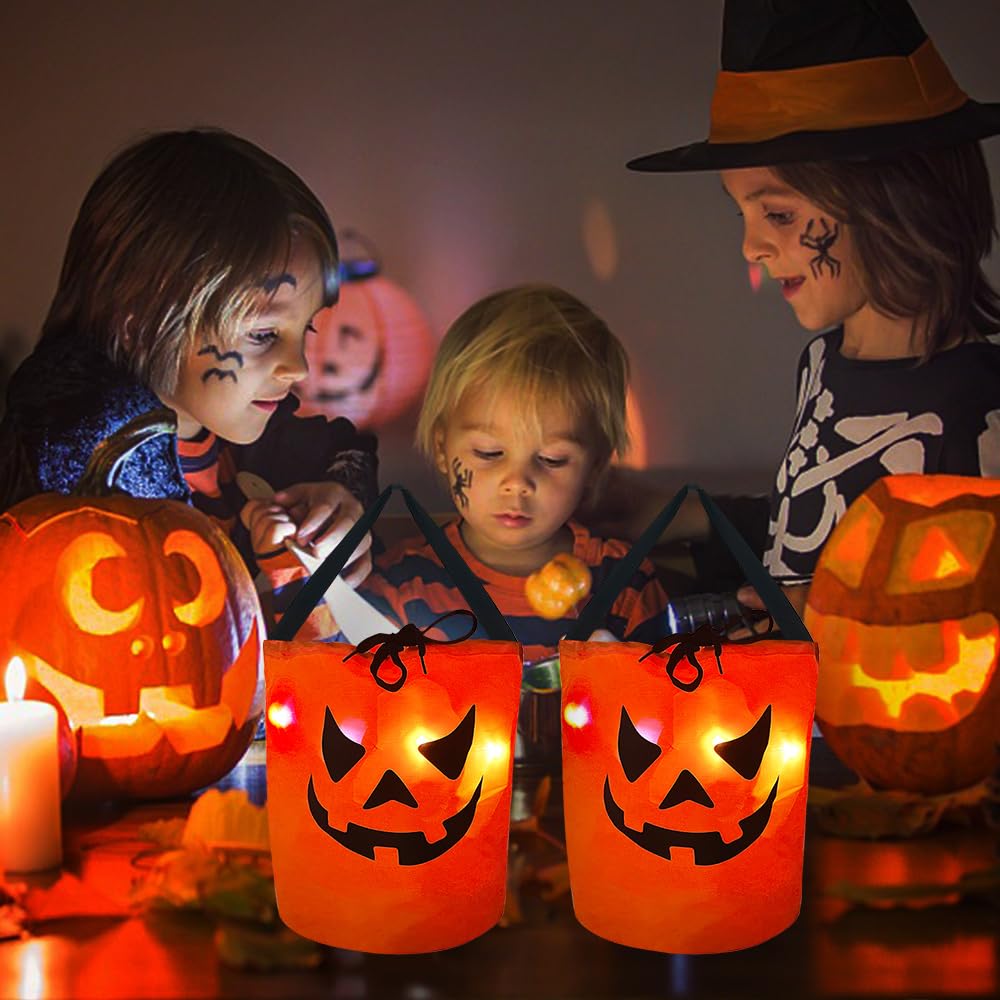 JXITON Halloween Drawstring Candy Bags Light up Multipurpose Halloween Trick or Treat Candy Bag with Pumpkin Smile Face Reusable Orange Goodie Bags for Kids(3 Pcs)