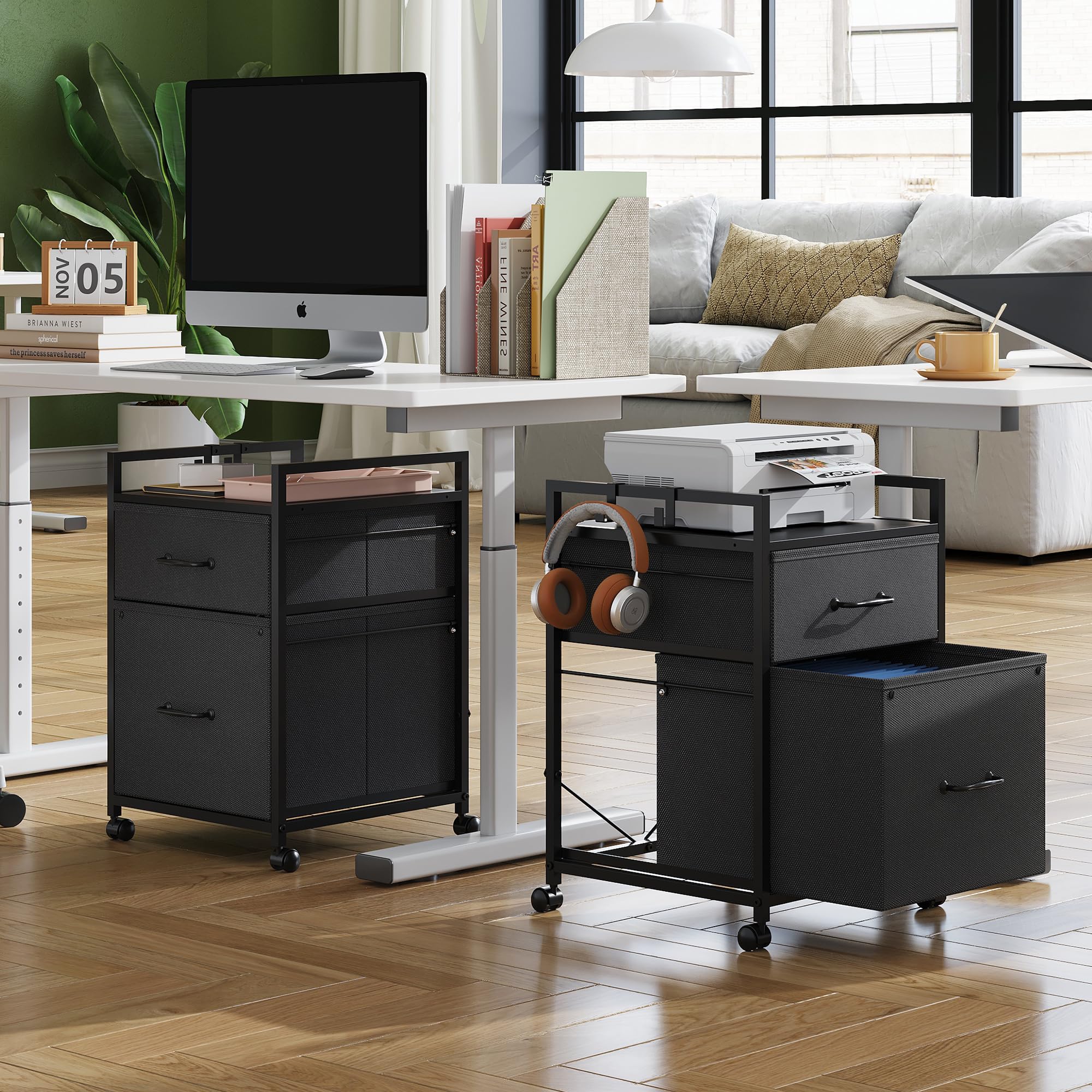 DEVAISE 2 Drawer Fabric File Cabinet, Rolling Printer Stand, Vertical Filing Cabinets with Hanging Folders Fit A4 or Letter Size for Home Office, Black