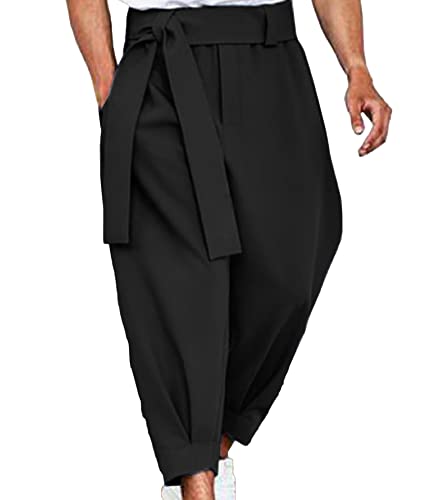 SOMTHRON Men's Harem Cropped Pants Elastic Waist Belted Baggy Bow Tie Beach Yoga Ankle Length Trousers BL-L Black