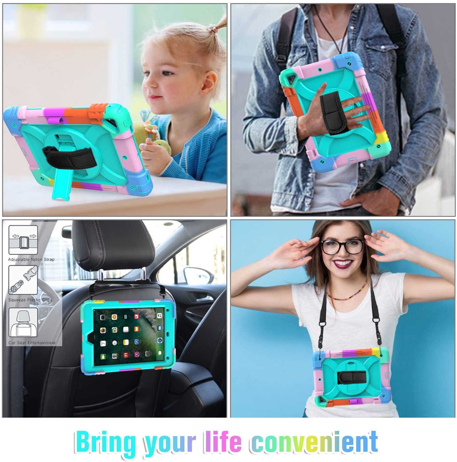 eTopxizu Rugged Case for iPad 9.7 Inch 2018/2017, 3 Layer Hybrid Shockproof [360 Rotating Stand] [Hand Strap] [Pencil Holder] Kids Case, iPad 6th Generation Case, iPad 5th Generation Case, Turquoise