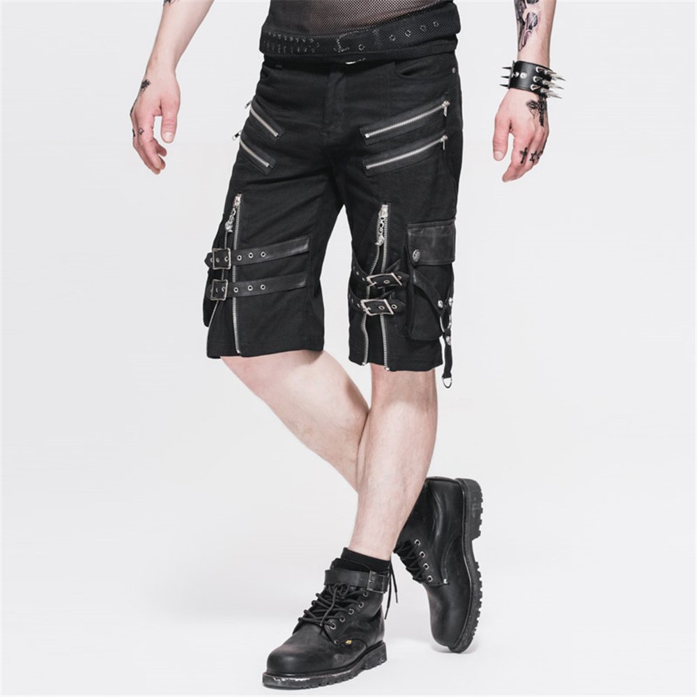 Devil Fashion Punk Men Casual Shorts Rock Zipper Summer Black Short Pants (M)