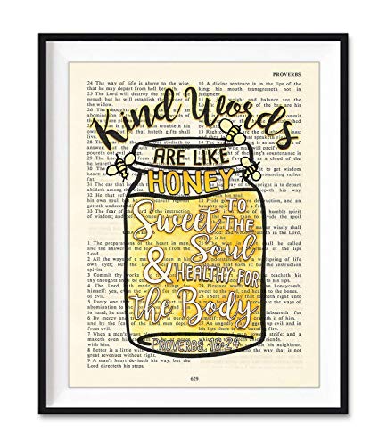 Kinds Words Are Like Honey, Sweet to the Soul, Proverbs 16:24, Christian Reproduction Art Print, Unframed, Vintage Bible Verse Scripture Wall and Home Decor Poster, Inspirational Gift, 5x7 Inches